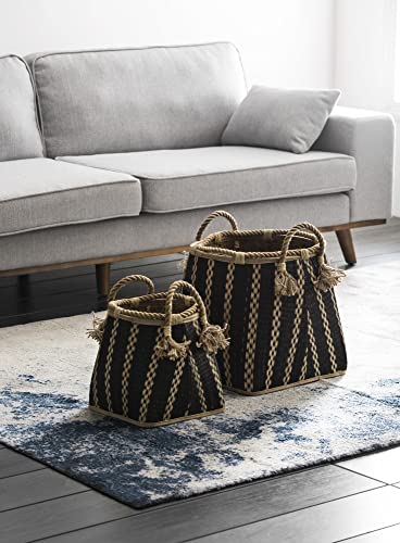 Creative Co-Op Set of 2 Beige & Black Wicker Handles & Tassels Basket Set, Black