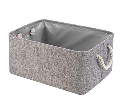 Collapsible Storage Basket Bins, Decorative Foldable Rectangular Linen Fabric Storage Box Cubes Containers with Handles- Medium Organizer For Nursery Toys,Kids Room,Towels,Clothes, Grey14Lx10.2Wx5.9H