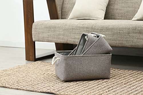 Collapsible Storage Basket Bins, Decorative Foldable Rectangular Linen Fabric Storage Box Cubes Containers with Handles- Medium Organizer For Nursery Toys,Kids Room,Towels,Clothes, Grey14Lx10.2Wx5.9H