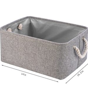 Collapsible Storage Basket Bins, Decorative Foldable Rectangular Linen Fabric Storage Box Cubes Containers with Handles- Medium Organizer For Nursery Toys,Kids Room,Towels,Clothes, Grey14Lx10.2Wx5.9H