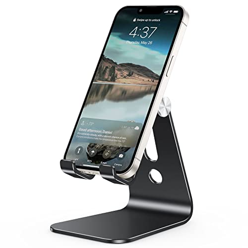 OMOTON C3 Cell Phone Stand for Desk, Larger and Exceptionally Stable, Adjustable Phone Cradle Holder with Bigger Body & Longer Arm, Compatible with iPhone, Tablets (7-10") and More,Black