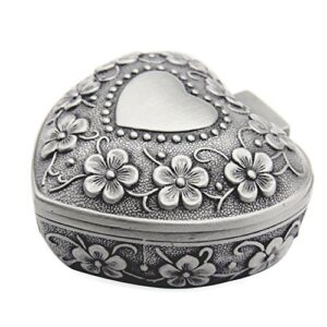 aveson classic vintage antique heart shape jewelry box ring small trinket storage organizer chest christmas gift, silver