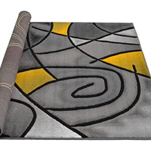 HR Orangish Yellow/Grey/Silver/Black/Abstract Area Rug Modern Contemporary Circles | Bedroom Rug with Wave Design Pattern (5' x 7')