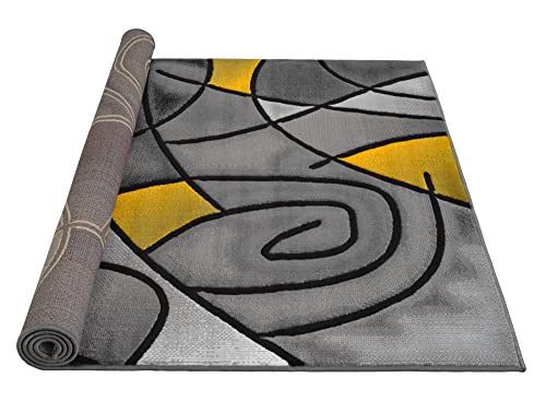 HR Orangish Yellow/Grey/Silver/Black/Abstract Area Rug Modern Contemporary Circles | Bedroom Rug with Wave Design Pattern (5' x 7')