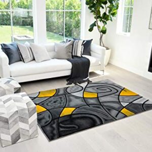 HR Orangish Yellow/Grey/Silver/Black/Abstract Area Rug Modern Contemporary Circles | Bedroom Rug with Wave Design Pattern (5' x 7')