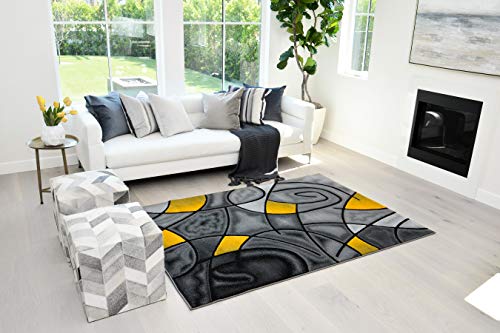 HR Orangish Yellow/Grey/Silver/Black/Abstract Area Rug Modern Contemporary Circles | Bedroom Rug with Wave Design Pattern (5' x 7')