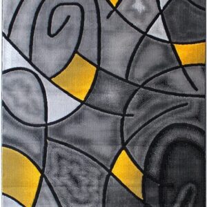 HR Orangish Yellow/Grey/Silver/Black/Abstract Area Rug Modern Contemporary Circles | Bedroom Rug with Wave Design Pattern (5' x 7')