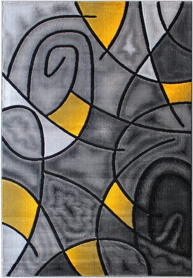 HR Orangish Yellow/Grey/Silver/Black/Abstract Area Rug Modern Contemporary Circles | Bedroom Rug with Wave Design Pattern (5' x 7')