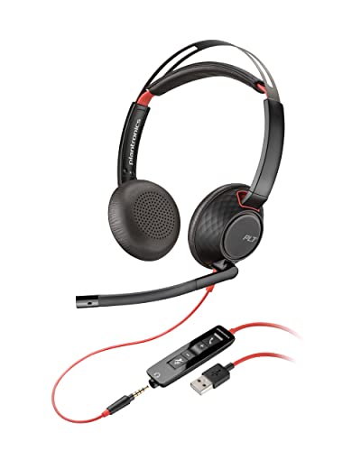 Poly - Blackwire 5220 USB-A Headset (Plantronics) - Wired, Dual Ear (Stereo) Computer Headset with Boom Mic - USB-A, 3.5 mm to connect to your PC, Mac, Tablet and/or Cell Phone