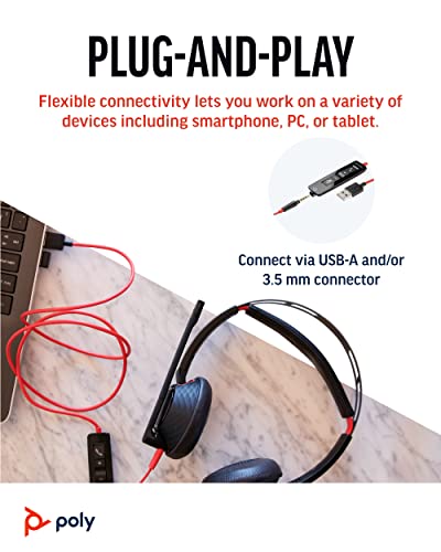 Poly - Blackwire 5220 USB-A Headset (Plantronics) - Wired, Dual Ear (Stereo) Computer Headset with Boom Mic - USB-A, 3.5 mm to connect to your PC, Mac, Tablet and/or Cell Phone