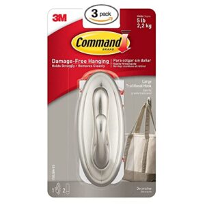 command traditional large plastic hooks, brushed nickel, 3-hook