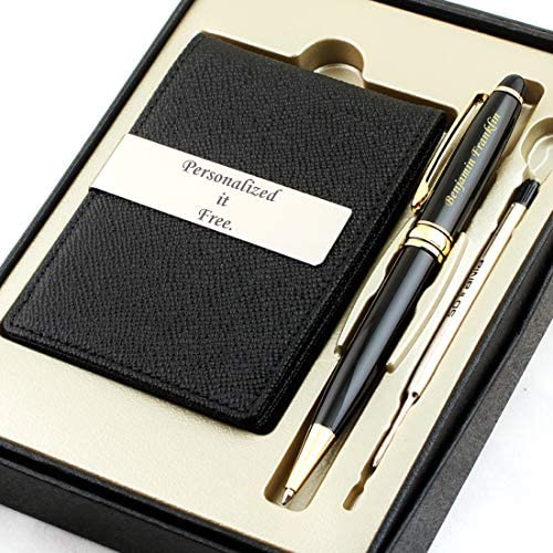 Free Engraving - Personalized Groomsmen Gift, Roller Ballpen, Ballpoint pen, Ball pen, Refillable Pen, Refill pen, Leather Money Clips, Card Holder, Three Lines Each 20 Characters (Black)