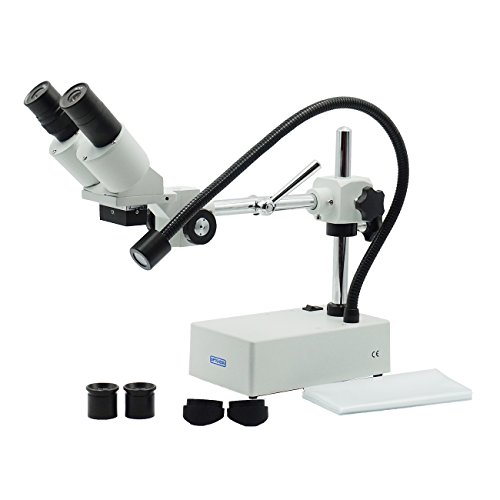 OPTO-EDU A22.1201-C1 Professional Binocular Stereo Microscope, WF10X and WF20X Eyepieces, 10X and 20X Magnification, 1X Objective, LED Lighting, Boom-Arm Stand, 110V-120V, Metal, Glass, Plastic