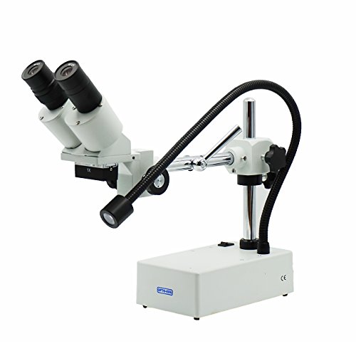 OPTO-EDU A22.1201-C1 Professional Binocular Stereo Microscope, WF10X and WF20X Eyepieces, 10X and 20X Magnification, 1X Objective, LED Lighting, Boom-Arm Stand, 110V-120V, Metal, Glass, Plastic