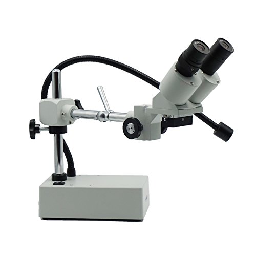 OPTO-EDU A22.1201-C1 Professional Binocular Stereo Microscope, WF10X and WF20X Eyepieces, 10X and 20X Magnification, 1X Objective, LED Lighting, Boom-Arm Stand, 110V-120V, Metal, Glass, Plastic