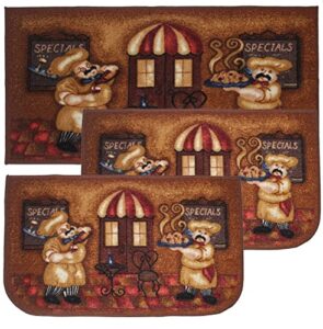 kashi home kitchen rug, printed area rug, durable floor, door mat, farmhouse non-slip carpet latex backing beautiful design chef 3pc set (2 18x30 d shape & 1 20x40)