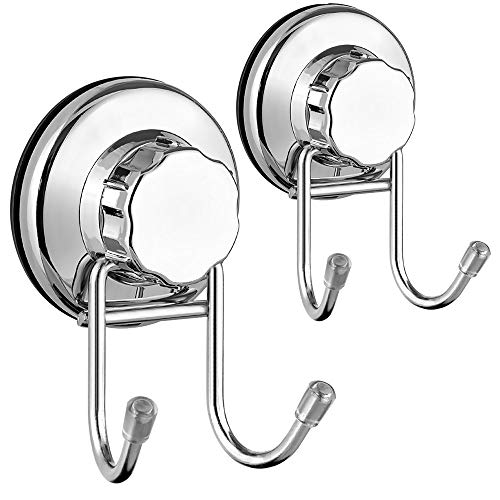 SANNO Double Suction Hooks Suction Cups Vacuum Hook for Flat Smooth Wall Surface Towel Robe Bathroom Kitchen Shower Bath Coat, Stainless Steel (2 Pack)