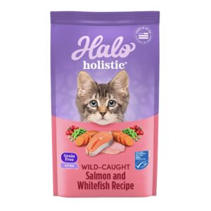 halo holistic kitten food dry , grain free wild - caught salmon and whitefish recipe, complete digestive health , dry cat food bag , kitten formula, 6-lb bag