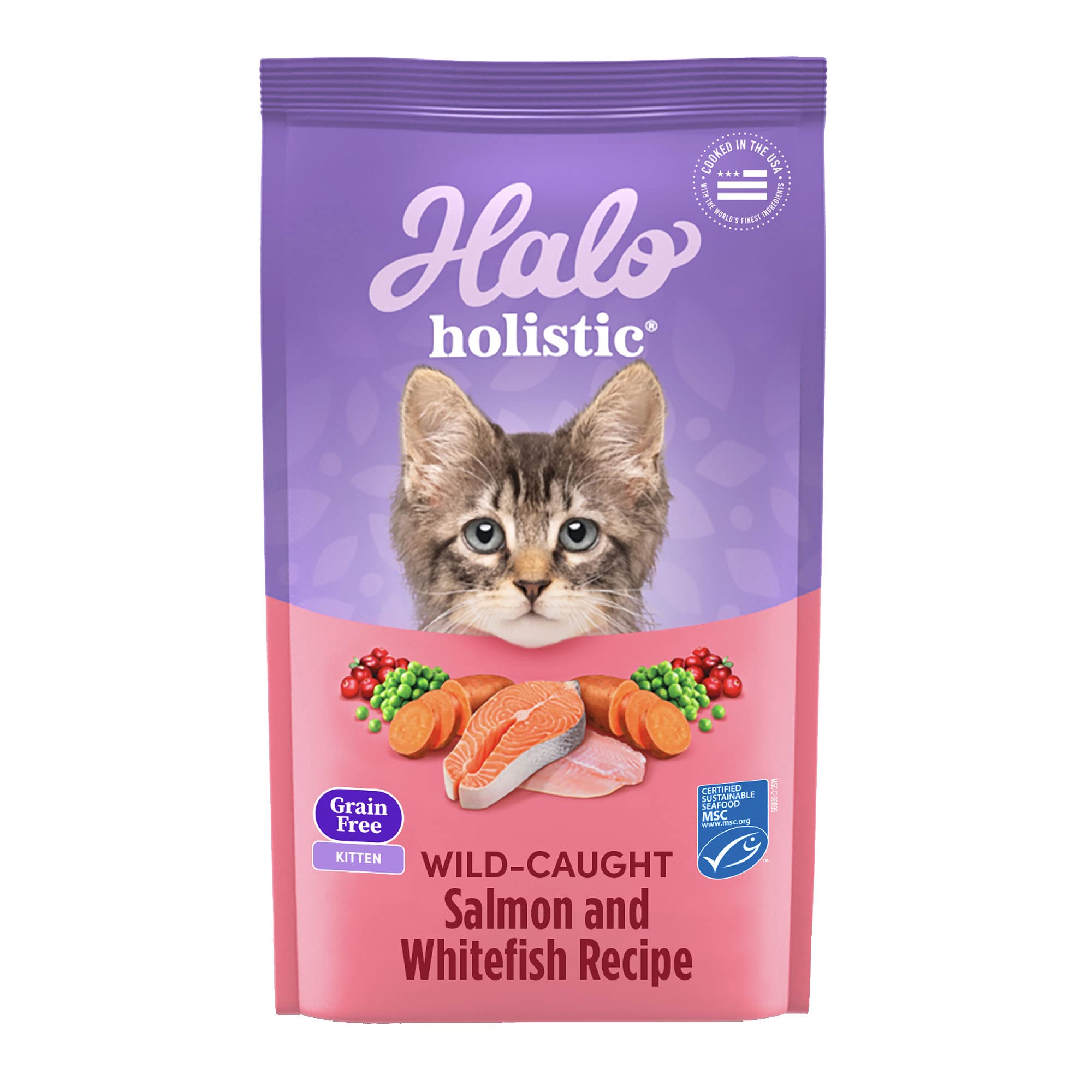 Halo Holistic Kitten Food Dry , Grain Free Wild - caught Salmon and Whitefish Recipe, Complete Digestive Health , Dry Cat Food Bag , Kitten Formula, 6-lb Bag