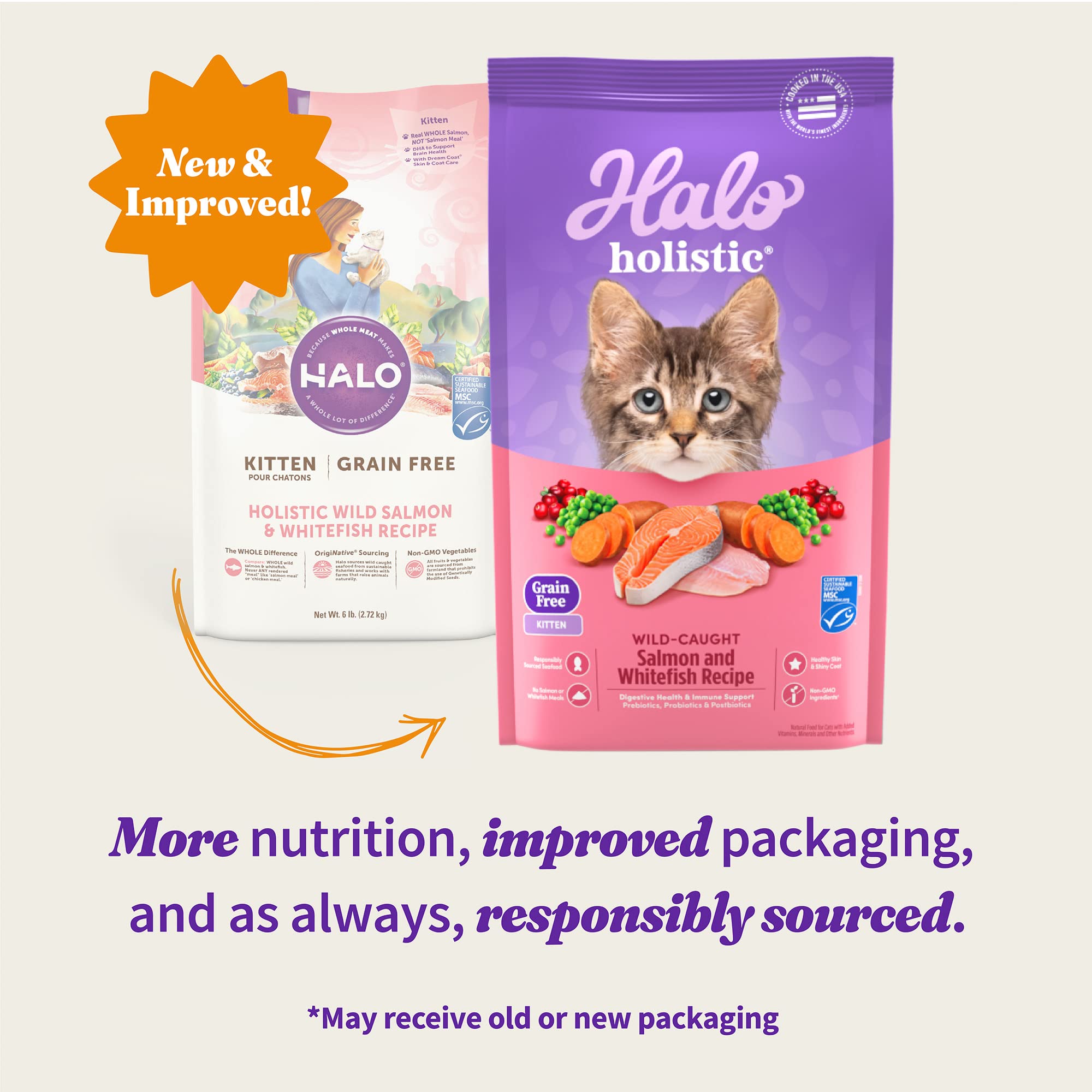 Halo Holistic Kitten Food Dry , Grain Free Wild - caught Salmon and Whitefish Recipe, Complete Digestive Health , Dry Cat Food Bag , Kitten Formula, 6-lb Bag