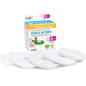 Catit Triple Action Water Fountain Filters, Replacement Cat Drinking Fountain Filters, 5 Pack