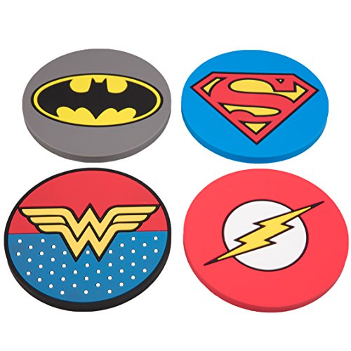 Justice League Super Hero Coasters, Set of 4 - Batman, Superman, Wonder Woman, The Flash - Fathers Day DC Comics Gift - PVC