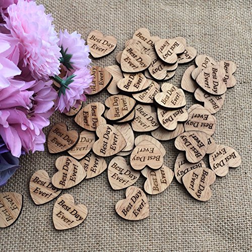 LANGUGU 100Pcs Wood Engraved Love Heart Confetti Decor Rustic Wedding Table Scatter Decoration Bridal shower, Events,Party Embellishments DIY Crafts (Best Day Ever)