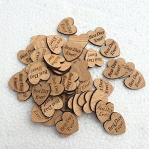 LANGUGU 100Pcs Wood Engraved Love Heart Confetti Decor Rustic Wedding Table Scatter Decoration Bridal shower, Events,Party Embellishments DIY Crafts (Best Day Ever)