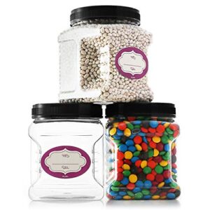 dilabee clear plastic storage jars with lids - 3 pack - square plastic containers with airtight lids - canisters with pinch grip handles - bpa-free - 48 oz