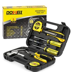 DOWELL Small Homeowner Tool Set 9 Pieces General Household Small Hand Tool Kit with Plastic Tool Box Storage Case