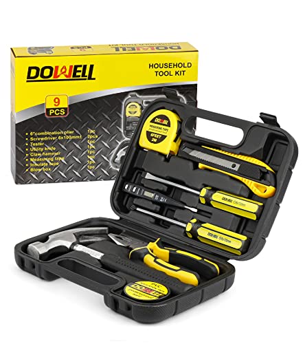 DOWELL Small Homeowner Tool Set 9 Pieces General Household Small Hand Tool Kit with Plastic Tool Box Storage Case