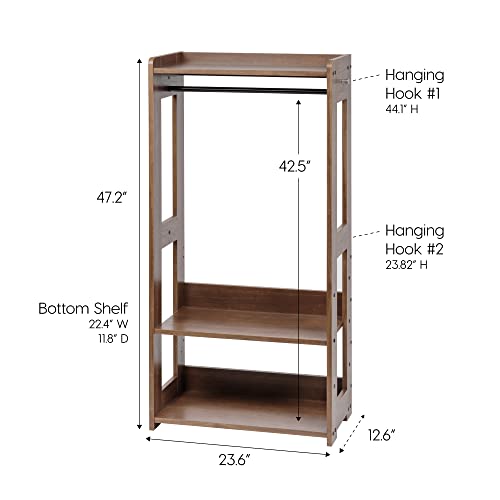 IRIS USA Open Wood Clothing Costume Garment Hanging Rack Armoire Wardrobe Dresser Organizer with Shoe Shelves and Side Hook, for Nursery, Kids Room, Closet, Dress-Up Center, Small Spaces, Brown