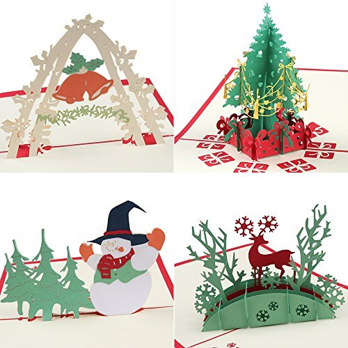 Coogam Pop Up Christmas Card with Envelope Set of 4 - Handmade Paper Craft Get Well Soon Cut out Greeting Card for New Year Holiday Gift - Feature Xmas Tree,Snowman,Reindeer and Bell