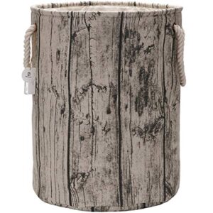 sea team 19.7" large size stylish tree stump wood grain canvas & linen fabric laundry hamper storage basket with rope handles, birch