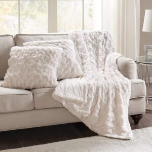 comfort spaces ruched faux fur plush 3 piece throw blanket set ultra soft fluffy with 2 square pillow covers, 50"x60", ivory