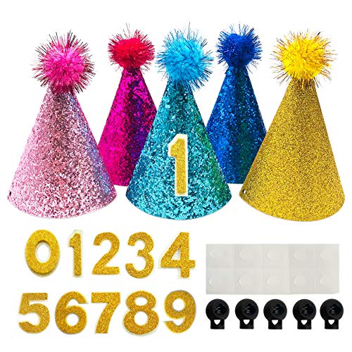 PET SHOW 5pcs Small Dog Birthday Hat Set for Boys Girls Medium Dogs Cat Kitten Puppies Party Hats with 0-9 Numbers 10 Glue Grooming Accessories