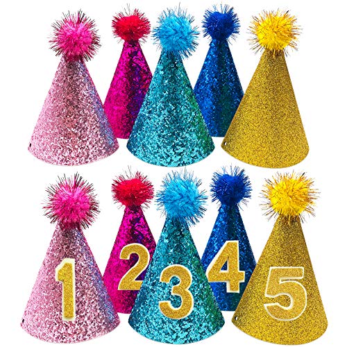 PET SHOW 5pcs Small Dog Birthday Hat Set for Boys Girls Medium Dogs Cat Kitten Puppies Party Hats with 0-9 Numbers 10 Glue Grooming Accessories