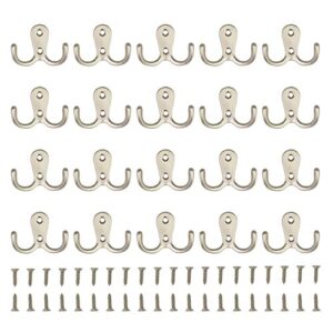 hoveox 20 pcs double prong robe hook retro towel cloth hanger wall hat jewelry hooks rustproof rustic hooks heavy duty hardware decorative utility hooks & 40 pcs screws & a free screwdriver, silver