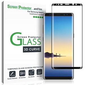 amfilm glass screen protector for samsung galaxy note 8, full screen coverage, 3d curved tempered glass, dot matrix with easy installation tray (black)