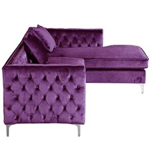 Iconic Home Da Vinci Velvet Modern Contemporary Button Tufted with Silver Nailhead Trim Silvertone Metal Y-Leg Right Facing Sectional Sofa, Purple