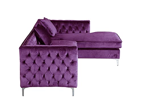 Iconic Home Da Vinci Velvet Modern Contemporary Button Tufted with Silver Nailhead Trim Silvertone Metal Y-Leg Right Facing Sectional Sofa, Purple