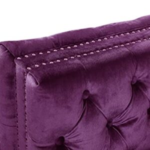 Iconic Home Da Vinci Velvet Modern Contemporary Button Tufted with Silver Nailhead Trim Silvertone Metal Y-Leg Right Facing Sectional Sofa, Purple