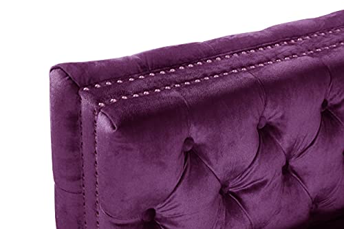 Iconic Home Da Vinci Velvet Modern Contemporary Button Tufted with Silver Nailhead Trim Silvertone Metal Y-Leg Right Facing Sectional Sofa, Purple