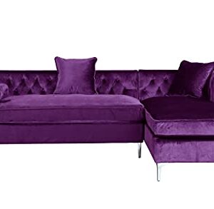 Iconic Home Da Vinci Velvet Modern Contemporary Button Tufted with Silver Nailhead Trim Silvertone Metal Y-Leg Right Facing Sectional Sofa, Purple