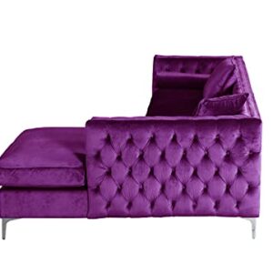 Iconic Home Da Vinci Velvet Modern Contemporary Button Tufted with Silver Nailhead Trim Silvertone Metal Y-Leg Right Facing Sectional Sofa, Purple