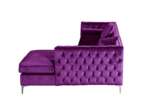 Iconic Home Da Vinci Velvet Modern Contemporary Button Tufted with Silver Nailhead Trim Silvertone Metal Y-Leg Right Facing Sectional Sofa, Purple