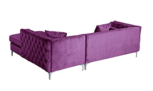 Iconic Home Da Vinci Velvet Modern Contemporary Button Tufted with Silver Nailhead Trim Silvertone Metal Y-Leg Right Facing Sectional Sofa, Purple