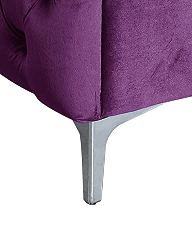 Iconic Home Da Vinci Velvet Modern Contemporary Button Tufted with Silver Nailhead Trim Silvertone Metal Y-Leg Right Facing Sectional Sofa, Purple