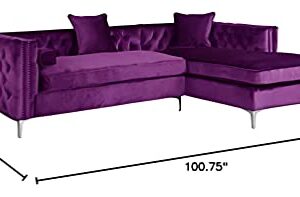 Iconic Home Da Vinci Velvet Modern Contemporary Button Tufted with Silver Nailhead Trim Silvertone Metal Y-Leg Right Facing Sectional Sofa, Purple