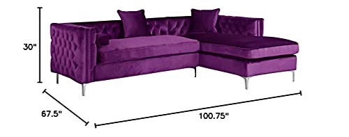 Iconic Home Da Vinci Velvet Modern Contemporary Button Tufted with Silver Nailhead Trim Silvertone Metal Y-Leg Right Facing Sectional Sofa, Purple